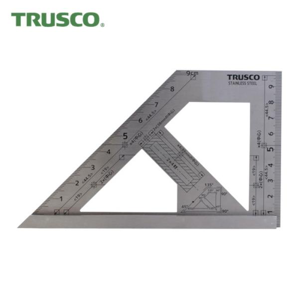 TRUSCO 止め型スコヤ|特長:スコヤとしても使用することができます。 45・90・135°の角度出しケガキ作業、線引き作業に適しています。 2×4材の中心出しが可能です。