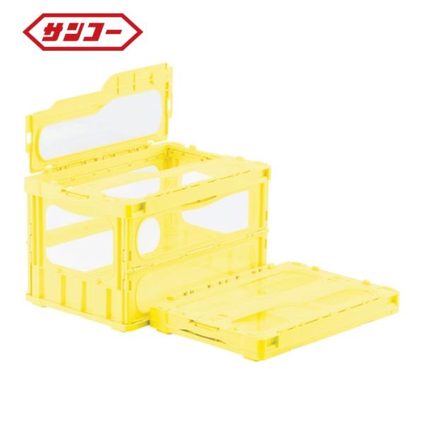 サンコー 折りたたみコンテナ|特長:スライドロック付で、安心して輸送できます。 マドコンよりも最大20%軽く、折りたたんだ際に30%薄くなっています。 明るいカラーと透明度の高い窓部で、底面以外のどこからでも中身を確認できます。
