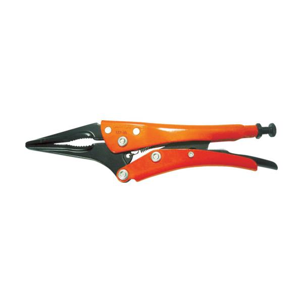 GRIP-ON ロングノーズグリッププライヤー|特長:ハンドル部はエポキシ樹脂コーティングされており溶接スパッタが溶着しづらく、且つ耐食性に優れています。 他社品と比較して軽い力で固定と解除が出来るので安全かつ疲労軽減が可能です。 狭い箇所...