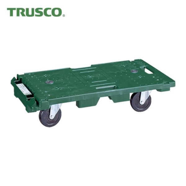 TRUSCO 樹脂製平台車(連結タイプ)|特長:持ち運びに便利な取手付で取手穴は3ヵ所あいており1台あたりの重量が約4kgなので、楽に運べます。 衝撃吸収に優れ凹凸路面に最適なゴムキャスター仕様です。