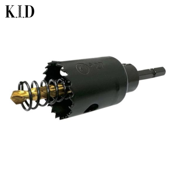 KIドリル ハイスホールソー|特長:充電ドリル対応です。 刃先はコバルトハイス鋼を採用、特殊バネ鋼のバイメタル構造になっています。 鉄板・木材・塩ビと広範囲に対応する万能型ホルソーです。
