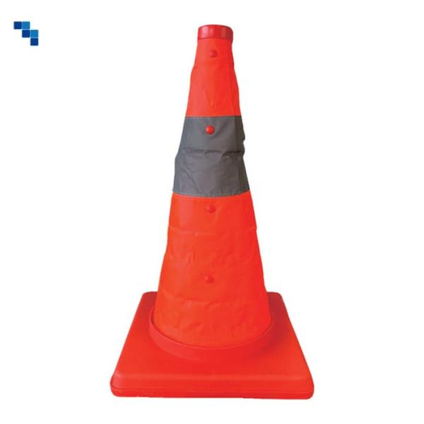 ミズケイ 安全コーン(伸縮タイプ)|特長:伸縮ができて持ち運びが簡単な三角コーンです。 反射材とLEDがついているので視認性が高いです。