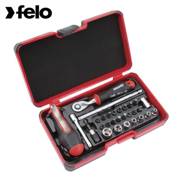 FELO ソケットレンチセット|特長:2種類のハンドルとビットやソケットが29点詰まった便利なセット品です。 T型兼用ドライバーハンドルは通常のドライバーとしても、T型ハンドルとしても使用可能です。 丈夫なハードケースが付属します。