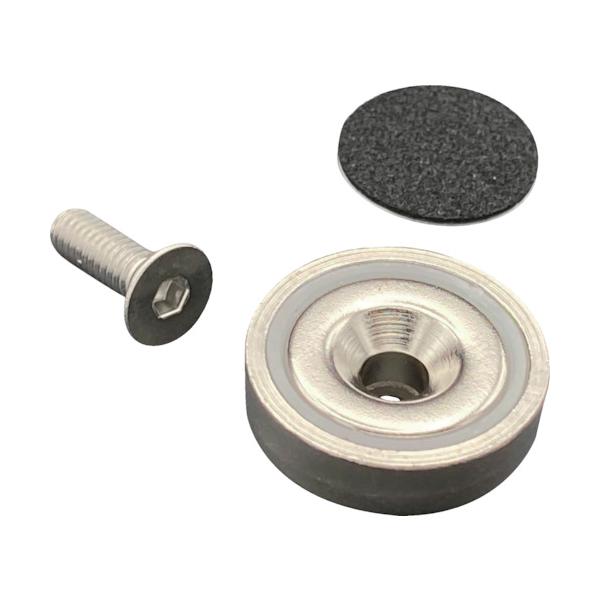 ラクテム ネオジム磁石|特長:ネオジウム磁石単体より吸着力を高める為、磁石をキャップで覆っています。 ステンレス製の皿ねじと滑り止めゴムをセットにした商品です。 付属の皿ねじを使用される場合は六角対辺をご確認の上、六角レンチでお締め下さい。