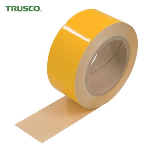 TRUSCO ラインテープ|特長:塩ビフィルムとアルミ箔を張り合わせた製品のため高耐久であるとともに、テープが切れにくく剥がしやすくなっています。 屋外での耐侯性に優れたフィルムを使用しています。