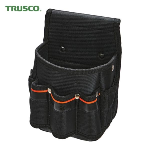 TRUSCO 腰袋|特長:汚れが目立ちにくいブラックを基調としたデザインです。 合皮を使用しており、高級感を兼ね備えた腰袋です。 開きやすく形状がくずれやすい部分を補強しています。