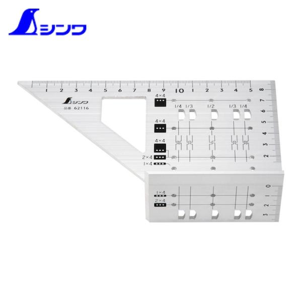 シンワ 止め型スコヤ|特長:2×4材の巾や厚みに合わせたサイズで、簡単にケガキ作業ができます。 45°と90°を同時に確認でき、ケガくことができます。 2×4材の短辺89mmに対して、1/2、1/3、1/4を簡単に等分割り付けできます。