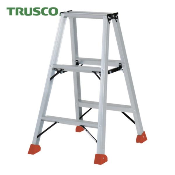 TRUSCO 専用脚立|特長:最大使用荷重130kg、丈夫な商品です。 滑り止めキャップに燃焼時に有害ガスを発生しない脱塩ビ・エラストマーを採用しています。 内側のバーを持ち上げるだけで折りたためます。