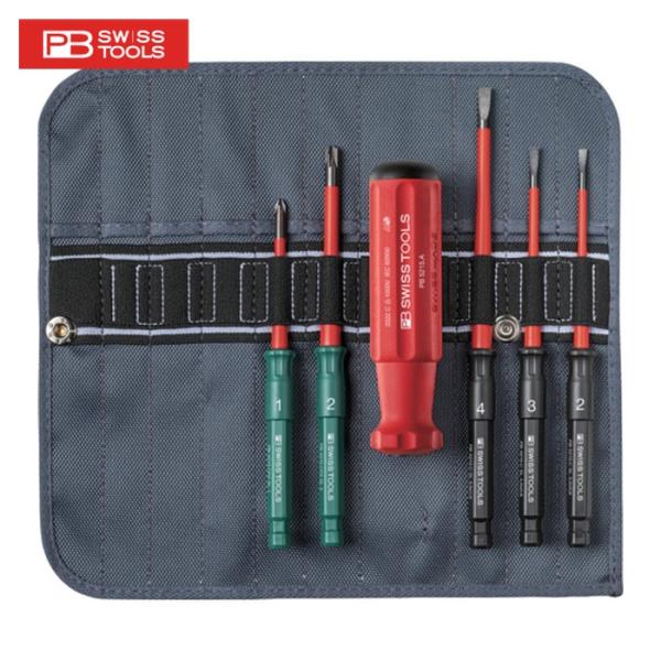 PBスイスツールズ 絶縁ドライバーセット|特長:職場やご自宅、外出先などでの電工作業に最適なベーシックツールです。 ブレードは刃先に向かって細いテーパー状で、深い位置のねじにもアクセスします。 高速回転ゾーンおよび親指と人差し指用の滑り止め...