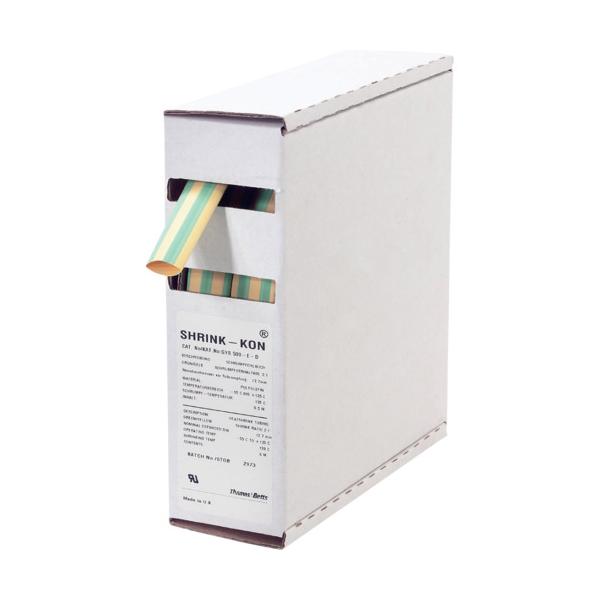 シュリンクコン 熱収縮チューブ|特長:コンパクトな箱に入った緑・黄色ストライプカラーの熱収縮チューブです。