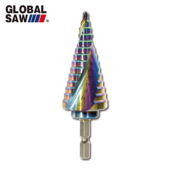 モトユキ ステップドリル(六角軸タイプ)|特長:急スパイラルアングル溝でスクイ角が鋭利で抜群の穴あけスピードを実現しました。 刃先は XR シンニングが施され材料にしっかりと食いつき安定した穴あけが可能です。 コバルトハイスに極光コーティン...