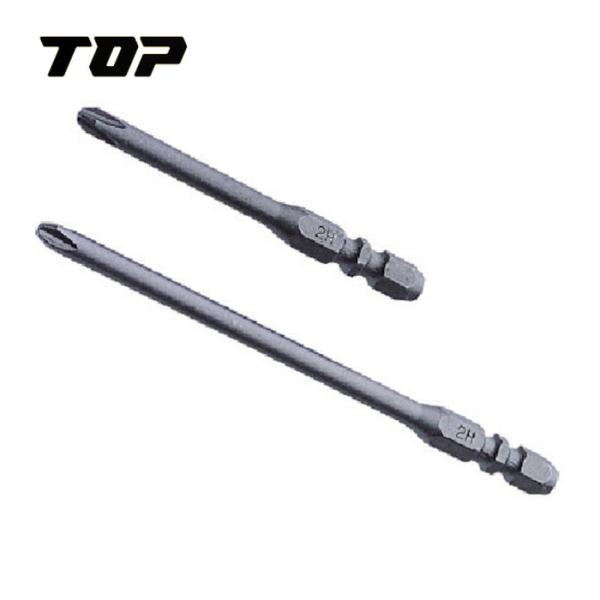 TOP 片頭ドライバービット|特長:六角軸シャンクで電動ドリルにワンタッチで取付可能・先端部にはマグネット取り付け脱落防止機能付き・先端部硬さは抜群。