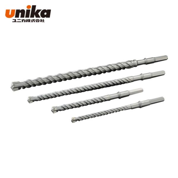 UNIKA コンクリートドリル(六角軸)|特長:クロス刃により真円に近い穴あけが可能な為、アンカー挿入がスムーズに行なえます。 鉄筋に当たっても噛み込みが少なく、刃先と外形の磨耗が少ないので安定した穿孔能力を維持します。