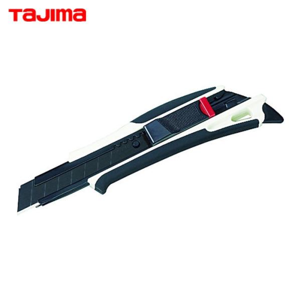 タジマ カッターナイフ|特長:ブレードがオートバックするので、開梱作業に最適です。 エンドのフィンで突く・回す・こじるなどが自在です。 安全ロープ取付穴付です。