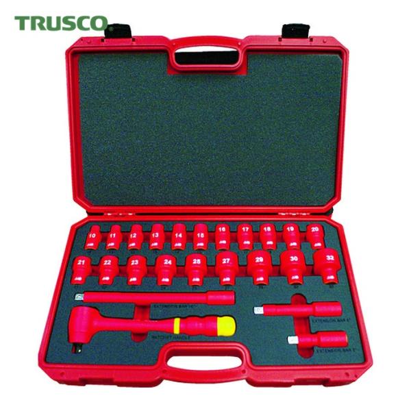 TRUSCO 絶縁工具セット|特長:安全を目視で確認できるセーフティサイン付です。 発泡トレイは黒と赤の2層構造で、工具の有無が一目瞭然です。