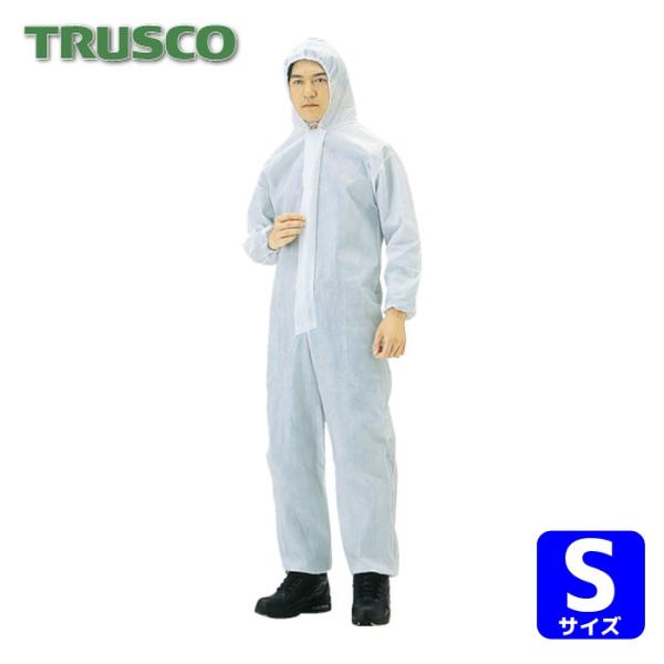TRUSCO 使い捨て保護服|特長:前部は、表面コートしていますので油汚れやホコリが付きにくく浸透も防ぎます。 背面部は、通気性に優れ蒸れにくくなっています。 焼却処分しても有害ガスが発生しません。