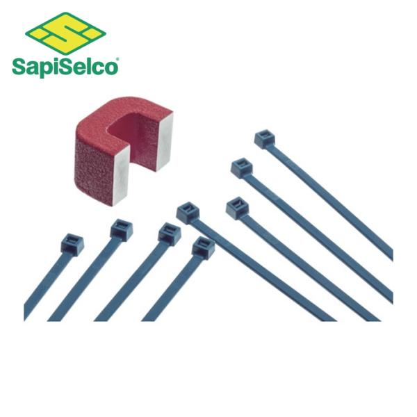 SapiSelco ケーブルタイ(金属センサー感知タイプ)|特長:金属粉を混ぜ込んだ材質で成形されており、金属センサーによって感知することができます。 青色で目立ちやすく、食品・飲料・薬品・化粧品工場など、異物混入が許されない環境において、...