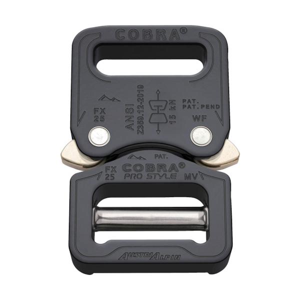 ALPIN バックル|特長:ANSI規格に準拠した破断強度18kNの強靭なバックルです。 プロスペックの強力なバックルです。 ワンタッチでロックでき、ワンタッチで解除できます。