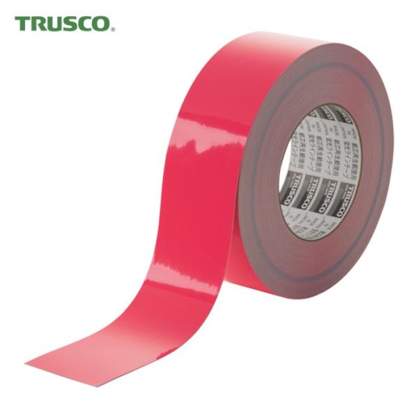 TRUSCO 蛍光ラインテープ|特長:鮮やかな蛍光色のラインテープです。 照明によって蛍光を発し鮮明に見えるため、強い注意喚起が必要な場所に最適です。 粘着力が強力ではがれにくくなっています。