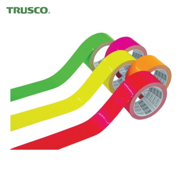 TRUSCO 蛍光ラインテープ|特長:鮮やかな蛍光色のラインテープです。 照明によって蛍光を発し鮮明に見えるため、強い注意喚起が必要な場所に最適です。 粘着力が強力ではがれにくくなっています。