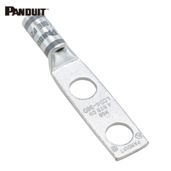 PANDUIT 裸圧着端子|特長:銅線用2つ穴の圧縮端子です。 適合電線サイズ、使用工具が識別できるようにバレルにダイ番号が表示されています。 バレルの電線確認用の穴から電線が完全に挿入されているかが確認できます。