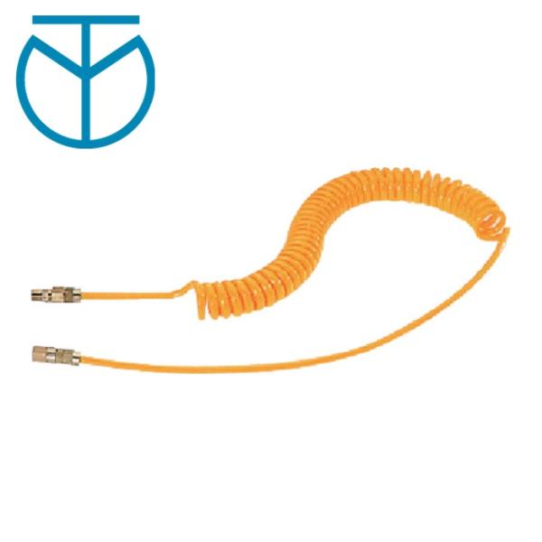 チヨダ エアコイルホース|特長:ポリエステル樹脂を使用し柔軟性、弾力性に優れています。 耐油性・耐寒性に優れています。 手元ホース一体型のため、スパイラル部が邪魔にならない形です。