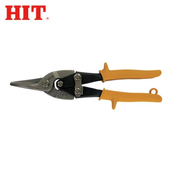 HIT 板金ハサミ|特長:倍力機構採用で軽い力で切断が可能です。 滑り止め加工を施された刃先は切断材を逃がしません。 ハサミがねじれる事を防ぐ為、刃先は分厚く頑丈な鍛造品です。