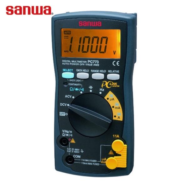 SANWA デジタルテスタ|特長:表示11000カウント、最高確度は0。 28(DCV)、真の実行値対応(ACのみ)です。 外周部は衝撃に強いエラストマーを採用しています。