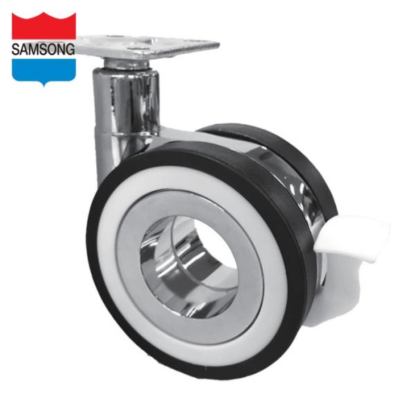 SAMSONG プレート式双輪キャスター(ポリウレタン車)|特長:車輪中央部が空洞になっているデザイン性の高いキャスターです。 ほこりなどが溜まりにくい形状にもなっています。