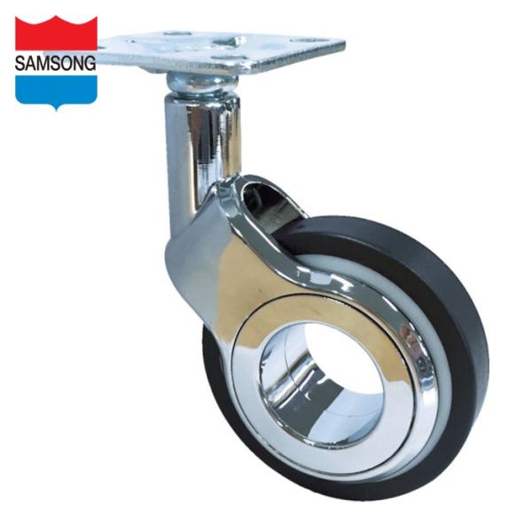 SAMSONG プレート式ウレタンキャスター|特長:車輪中央部が空洞になっているデザイン性の高いキャスターです。 ほこりなどが溜まりにくい形状にもなっています。