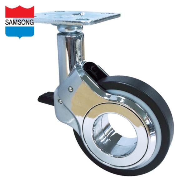 SAMSONG プレート式ウレタンキャスター|特長:車輪中央部が空洞になっているデザイン性の高いキャスターです。 ほこりなどが溜まりにくい形状にもなっています。