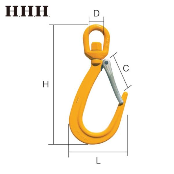 HHH フック|特長:ワイヤーやチェーンのねじれを取ることができるので、吊り荷の回転を防げます。 口の開きが大きいので径の太いものなどをかけるのに便利です。 鍛造性の丈夫なラッチ付きです。