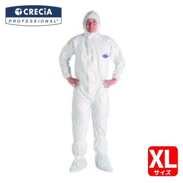 クレシア 使い捨て保護服|特長:高い耐水性能です。 液体バリア性能に優れたFS製法です。 (フィルム+スパンボンドの2層構造)・帯電防止加工です。