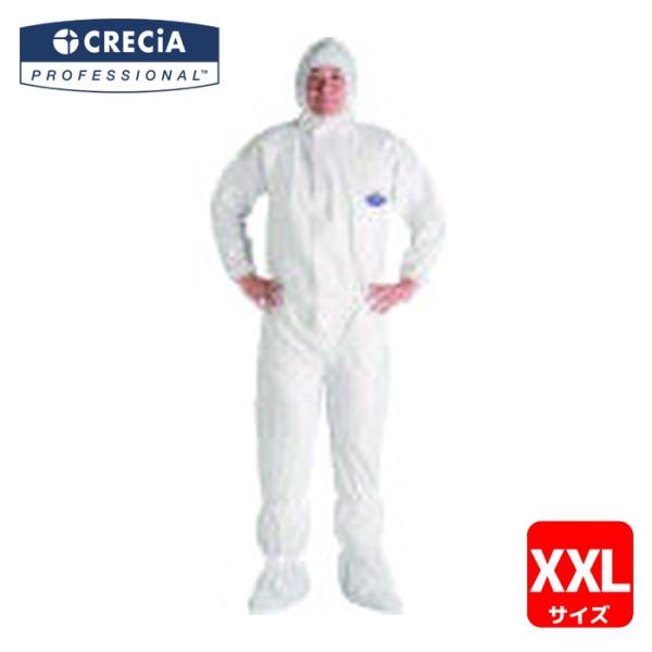クレシア 使い捨て保護服|特長:高い耐水性能です。 液体バリア性能に優れたFS製法です。 (フィルム+スパンボンドの2層構造)・帯電防止加工です。