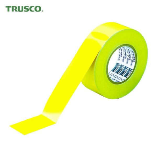 TRUSCO ラインテープ|特長:剥離紙がなくゴミが少ないエコロジー商品です。 粗面にもよくなじむ特殊な粘着剤を使用しています。 接着力が強力で、汚れにくく、耐摩耗性・耐久性に優れたタイプです。