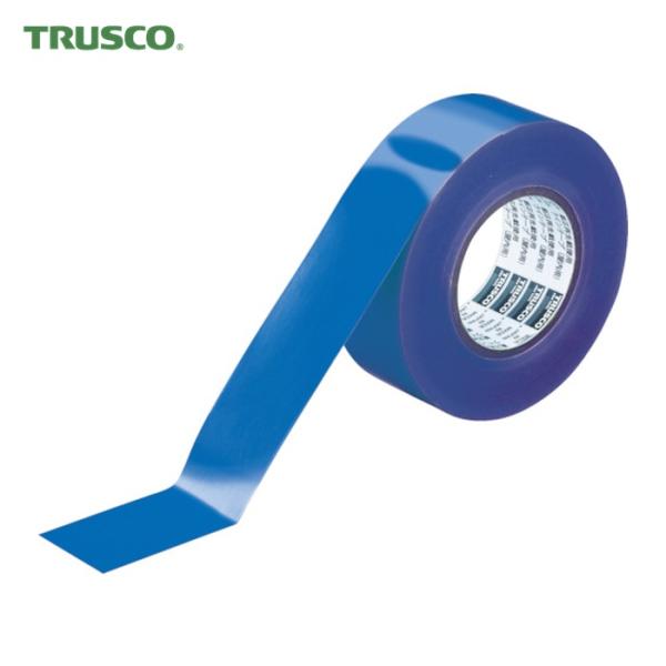 TRUSCO ラインテープ|特長:剥離紙がなくゴミが少ないエコロジー商品です。 粗面にもよくなじむ特殊な粘着剤を使用しています。 接着力が強力で、汚れにくく、耐摩耗性・耐久性に優れたタイプです。