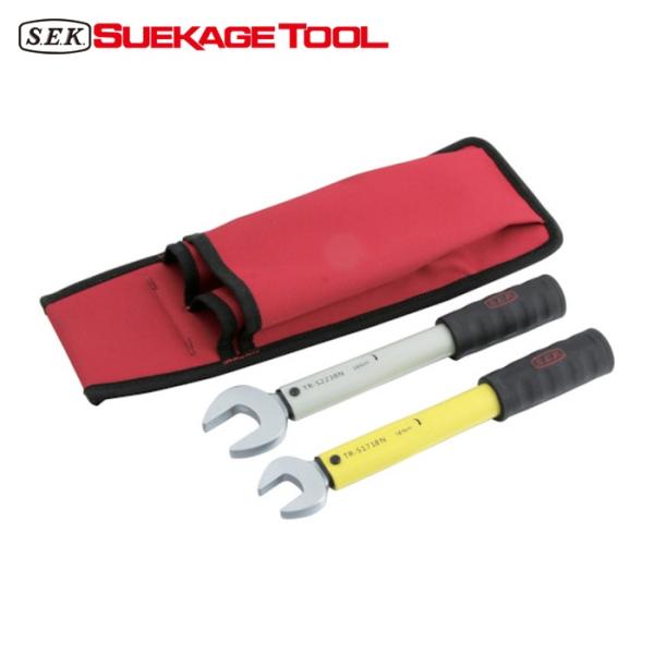 スエカゲ トルクレンチ(単能形)|特長:エアコン、冷媒機器などのフレアナット締め付け専用のトルクレンチです。 設定トルクに達するとカチッという音がして手に軽いショックが伝わります。 校正証明書付きです。