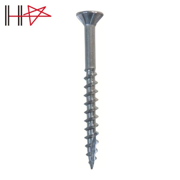 DAIDOHANT コーススレッドスクリュー|特長:軸が細く先端足割れ加工が木割れを防ぎます。 フレキ効果により板浮きを防ぎます。