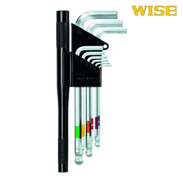 WISE ボールポイント六角棒レンチセット|特長:ボールポイントの形状は応力分散形の特許加工で折れにくく便利な補強ハンドル(パイプハンドル)の使用により本締めもできます。 曲げ部分を熱間曲げ加工することで強度を高めています。 ボールポイント...