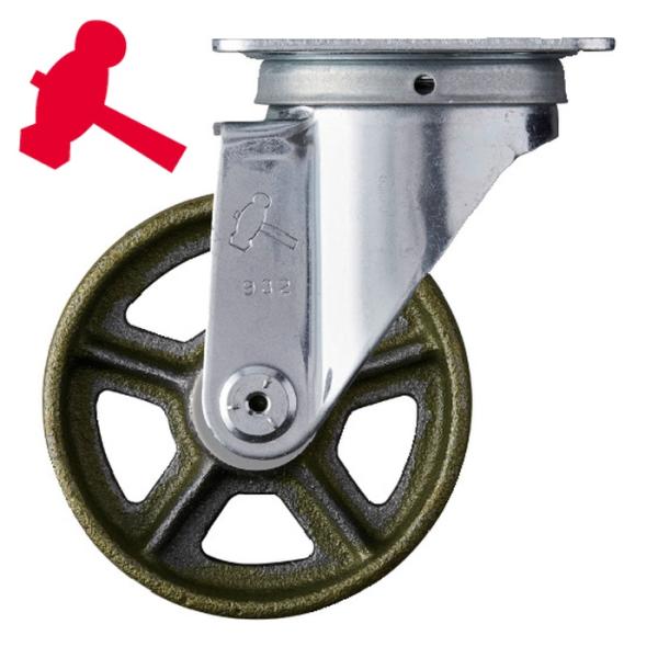 ハンマー プレート式鋳物製金具キャスター|特長:荷重に対する抵抗力が大きく、旋回もスムーズな高品質な大型キャスターです。 工場、事務所などに多く使用されており、堅牢で安定感もあり重量物運搬用に最適です。