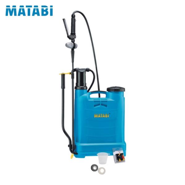 MATABi 噴霧器(蓄圧式)|特長:FPM製シールとステンレス製ハンドルにより農薬への耐久性に優れています。 ハンドルとランスの間の圧力調整機により均一な噴霧が可能です。 背負いながら左手でポンピングできる位置に過圧ハンドルがついています。