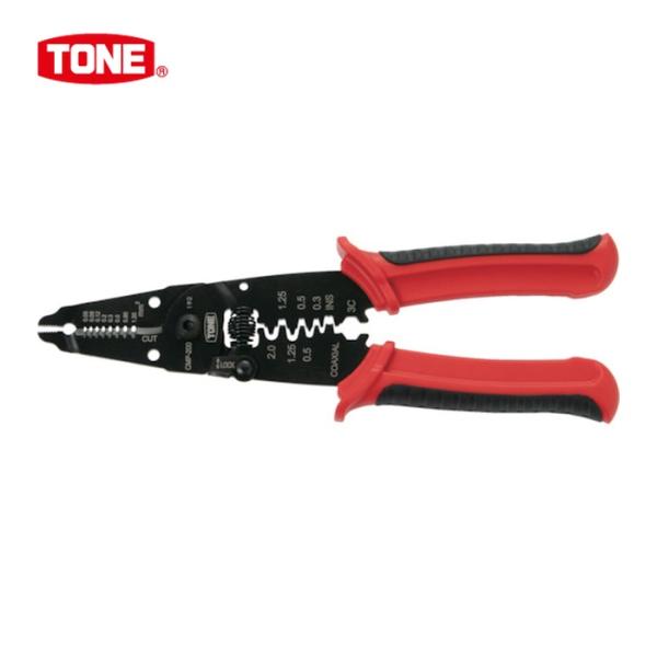 TONE 手動圧着工具|特長:配線の切断、配線の被覆剥き、圧着端子の圧着の3役の万能電工ペンチです。 自動車の細線・配線作業にも対応します。