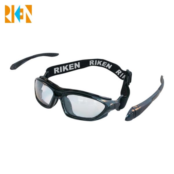 リケン 二眼型保護メガネ(フレームタイプ)|特長:テンプル(ツル)とバンドを交換できる万能タイプです。 フレームにはソフトクッション付きです。 テンプルとバンドをワンタッチで交換。