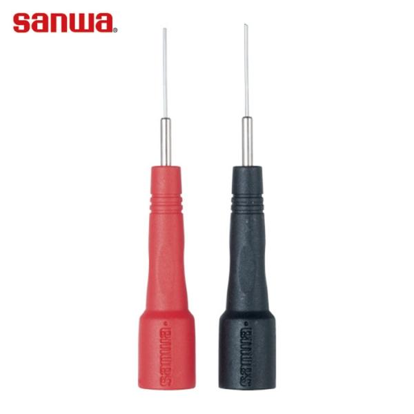 SANWA テストリード用アダプタ|特長:テストリード先端部に接続するアダプタです。 先端ピンは細ピン(Ф0。 7mm 形状記憶合金)でピン先長さ:約15mmに対応します。