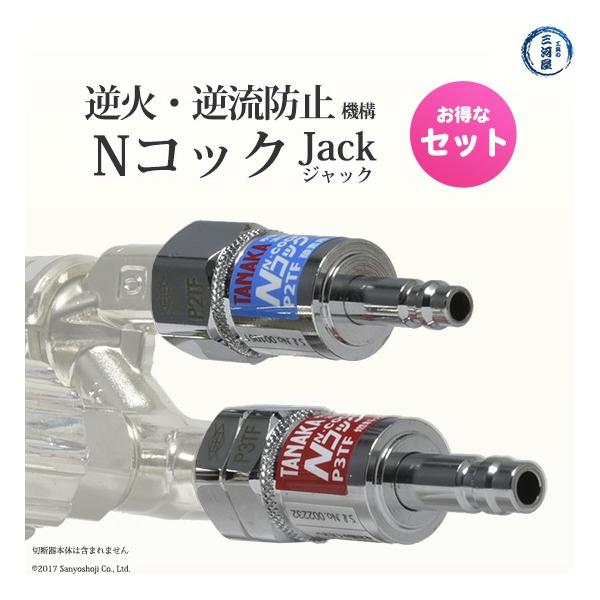 日酸TANAKAの切断器、溶接器、加熱器に取り付ける逆火・逆流防止機能付きのプラグカプラ(オス)酸素用P2TFと可燃性ガス用のP3TFのセット品です。日酸TANAKAのNコックシリーズ、ヤマトOKコック、小池酸素のアポロコックの各ガス種毎の...