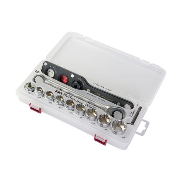 【仕様】●セット内容：オフセットアダプター19ｍｍ本体、ラチェットレンチ本体、ビットアダプターショート［［＋］］2、ソケットH10、H12、H13、H14、H17、H19、H21、H24、止め輪付ビット、専用レンチ、CリングＸ2●差込口(m...