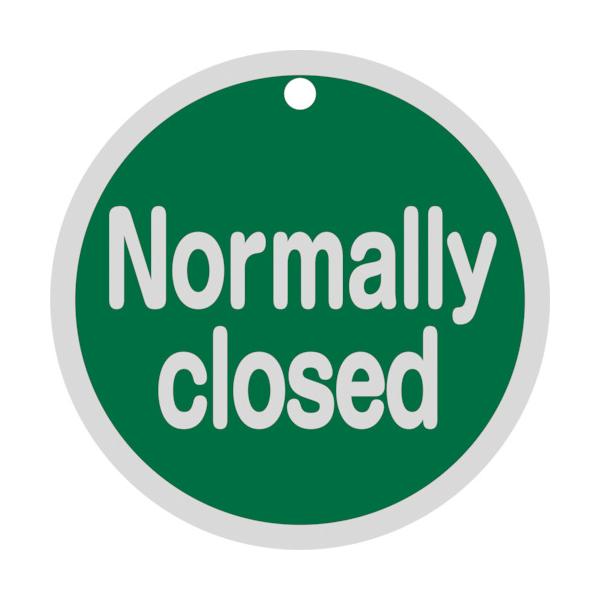 【仕様】●表示内容：Normally closed(常時閉)●厚さ(mm)：1●色：緑●穴径(mm)：5●外径(mm)：80●取付方法：吊り下げタイプ(ボールチェーンなど別売)●両面表示●上部穴(5mm)×1ヶ所●取付方法：吊り下げタイプ(...