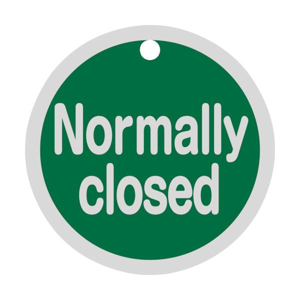 【仕様】●表示内容：Normally closed(常時閉)●厚さ(mm)：1●色：緑●穴径(mm)：4●外径(mm)：50●取付方法：吊り下げタイプ(ボールチェーンなど別売)●両面表示●上部穴(4mm)×1ヶ所●取付方法：吊り下げタイプ(...