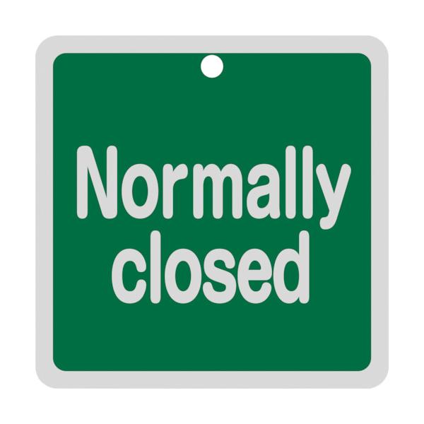 【仕様】●表示内容：Normally closed(常時閉)●縦(mm)：80●横(mm)：80●厚さ(mm)：1●色：緑●穴径(mm)：5●取付方法：吊り下げタイプ(ボールチェーンなど別売)●両面表示●上部穴×1ヶ所●取付方法：吊り下げタ...