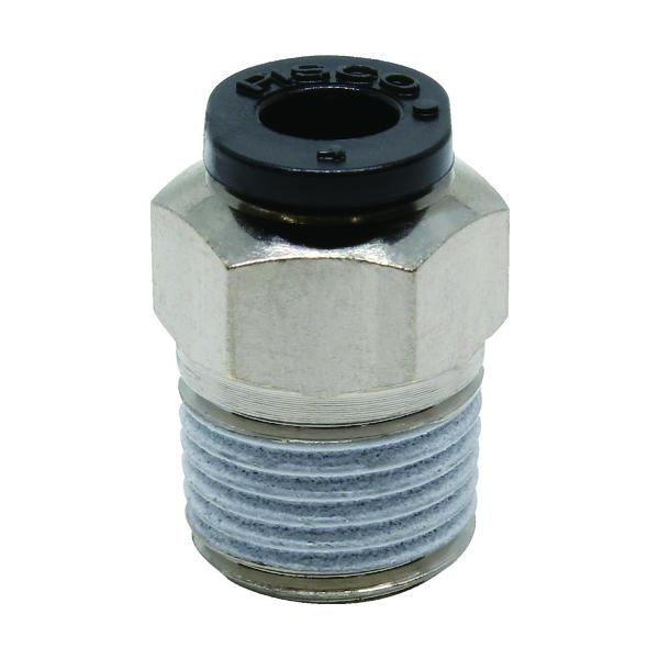 【仕様】●適合チューブ外径(mm)：4●接続口径：R1/8●六角対辺(mm)：10●全長(mm)：15.6●最高使用圧力(MPa)：1●流体温度(℃)：0〜60(凍結なきこと)●使用流体：空気●適合チューブ外径D(mm)：4●使用温度範囲(...